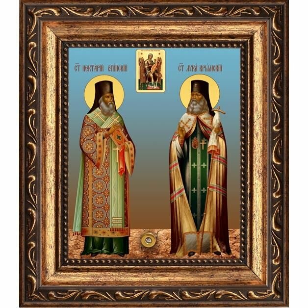 Икона Святителей Нектария Эгинского и Луки Крымского с иконой "Всецарица" с мощевиком. (10 х 12 см / В раме)