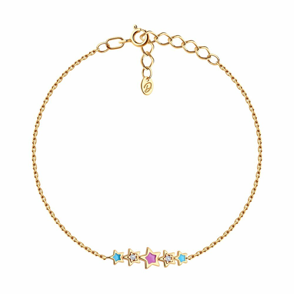 Браслет-цепочка, серебро, 925 проба, золочение, фианит