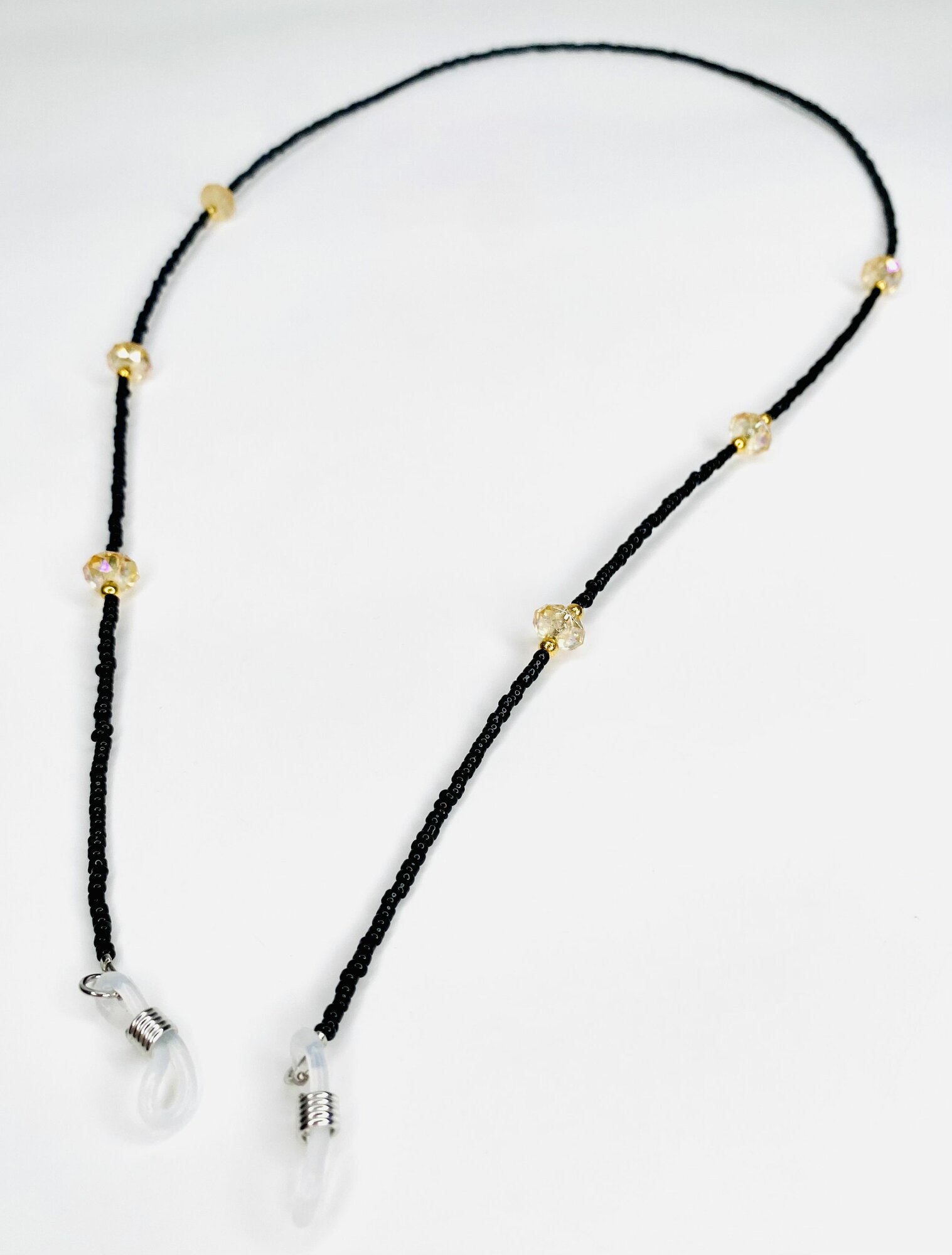 Цепочка для очков из бисера, цепь для очков черная с золотыми вставками, веревочка для очков цветная, аксессуар держатель для очков, черная с золотыми