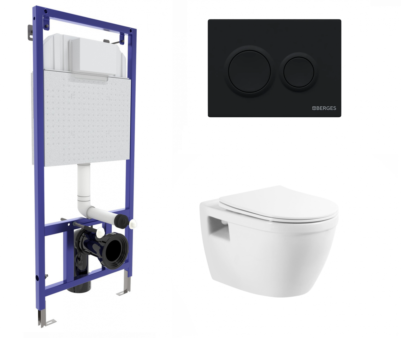 Комплект 3 в 1 инсталляция Berges Novum O5 + Унитаз подвесной BelBagno Loto BB070CHR/SC с кнопкой черной