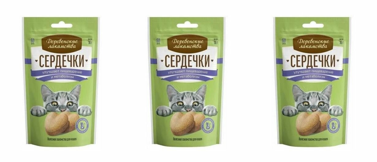 Деревенские лакомства Лакомство для кошек сердечки улучшают пищеварение и метаболизм, 30 гр - 3 шт