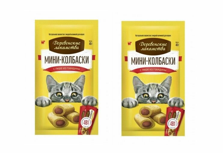 Деревенские лакомства мини-колбаски для кошек с пюре из говядины, 40 гр, 2 шт