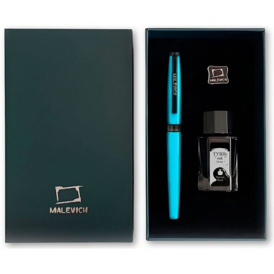 Ручка перьевая Малевичъ с конвертером, перо EF 0,4 мм, набор с черной тушью и значком, цвет: бирюзовый