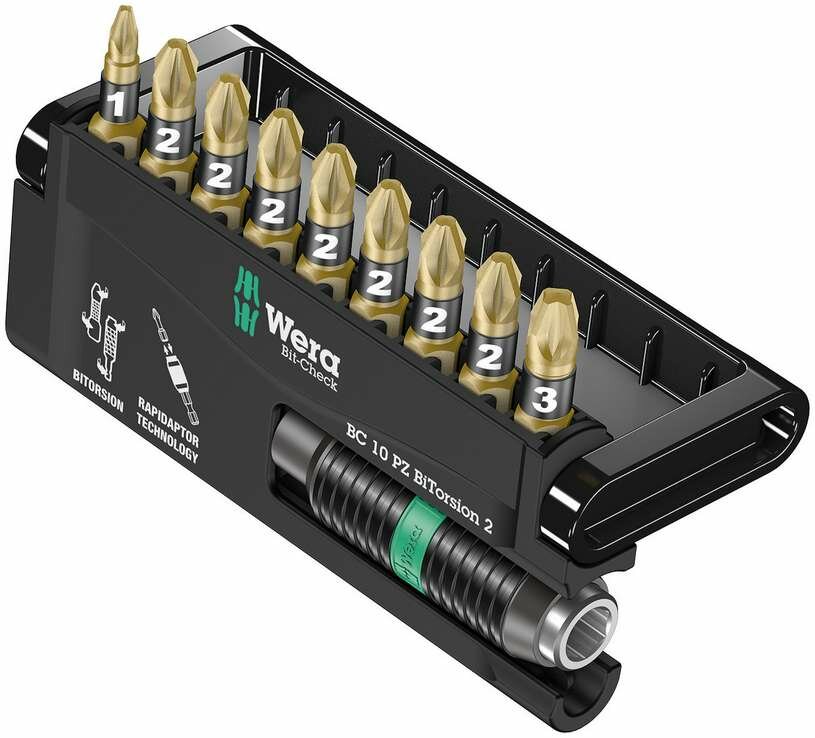 Bit-Check 10 PZ BiTorsion 2 набор бит торсионных с торсионным битодержателем Rapidaptor, 10 пр, 1/4" C6.3 Wera WE-347153