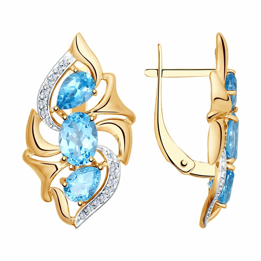 Серьги, красное золото, 585 проба, фианит, топаз