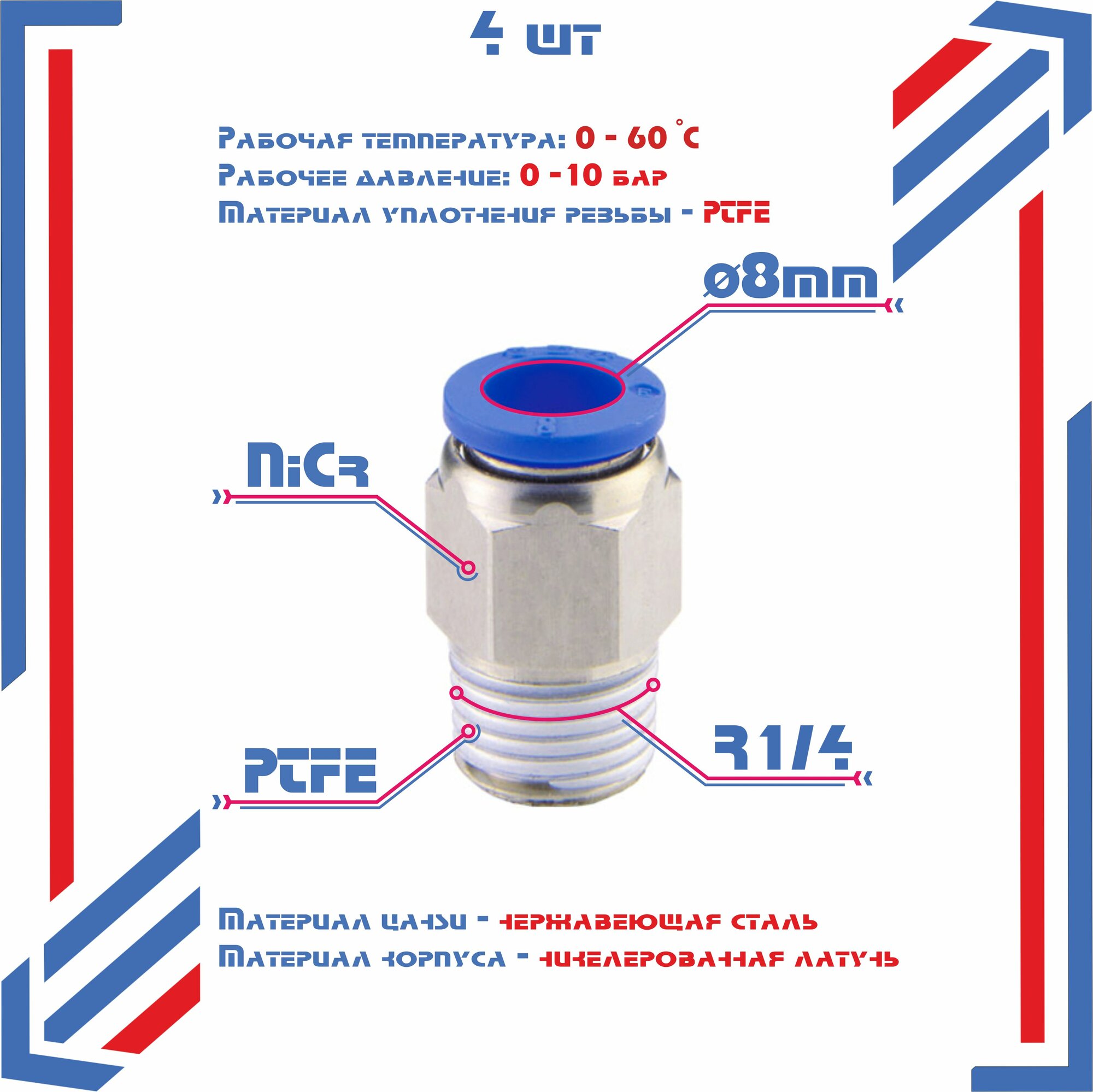 Фитинг прямой, наружная резьба 1/4", 8мм, 4шт. Штуцер быстросъемный, пневматический, цанговый PC08-02.