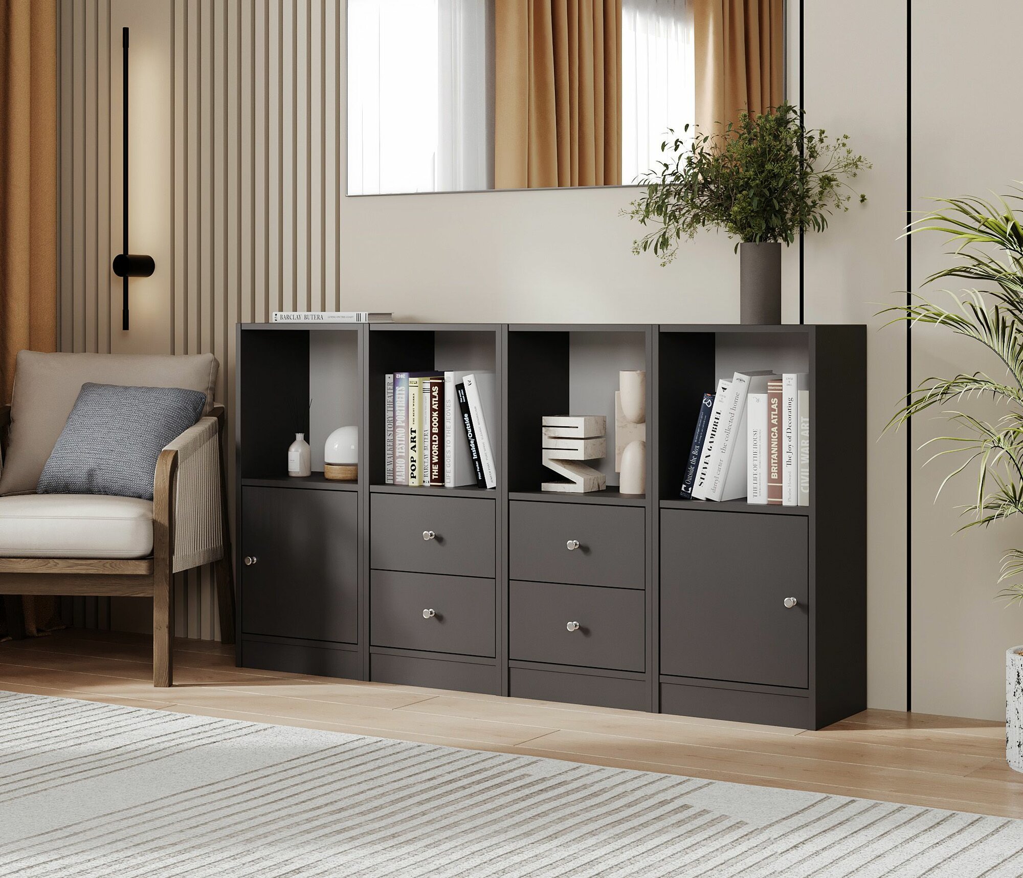 Комод стеллаж 4Home Билли black, с полками, 147x39x77 см, деревянный ЛДСП, напольный с ящиками, комод в прихожую