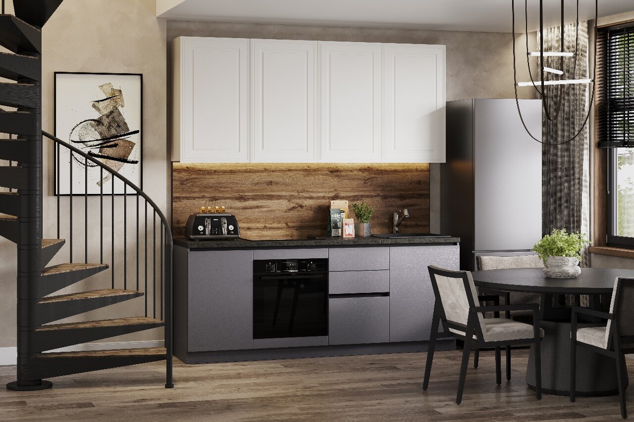 Кухня заман "Монза Прайм" 2,2 м, цвет белый/графит, МДФ фасады в эмали, технология экошпон, ЛДСП корпус и столешница 38 мм