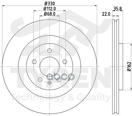 Диск тормозной, задний (Audi A4 (B8, B9) 07>, A6 (C7, C8) 10>, Q5 (8R, FY) 08>, Volkswagen Touareg TYREN арт. TYR1023461