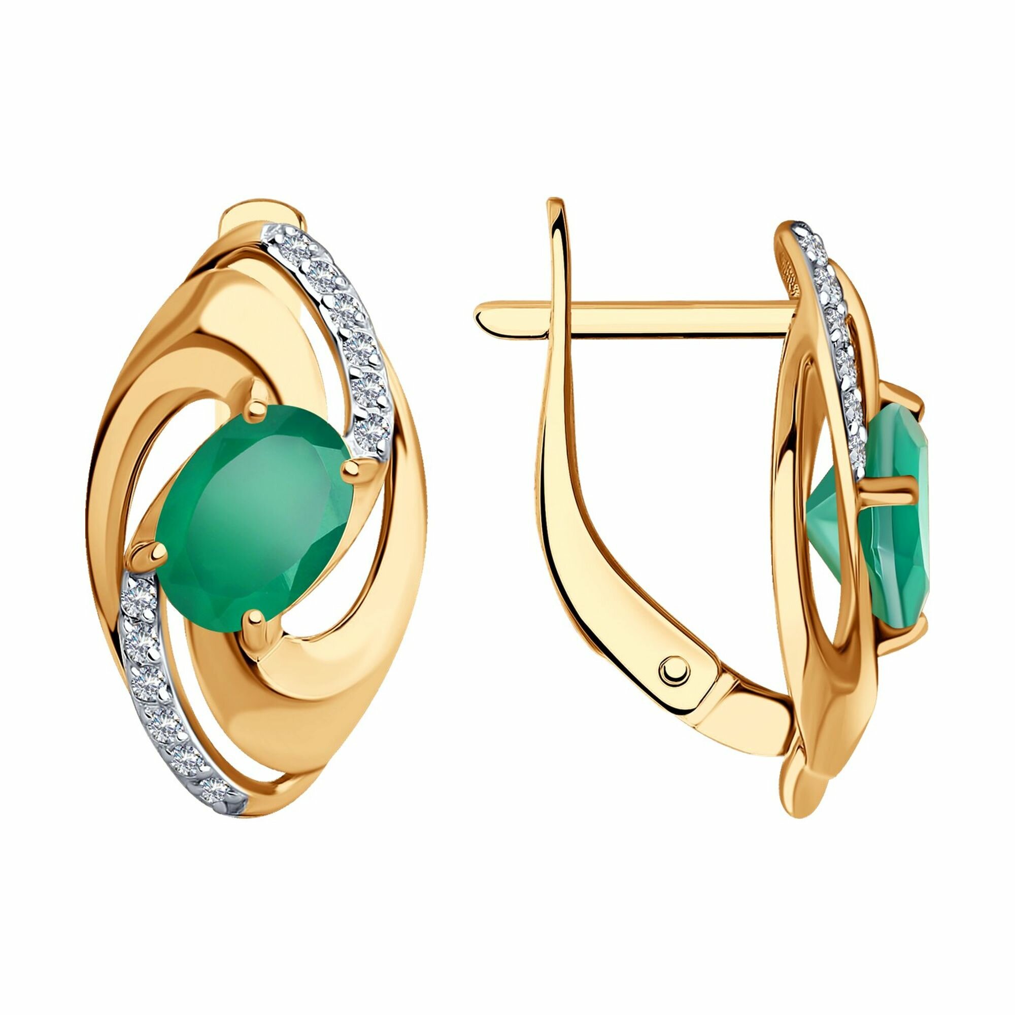 Серьги, красное золото, 585 проба, фианит, агат