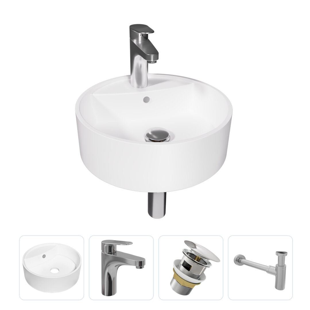 Раковина накладная для ванной Teymi Lina S D40 в комплекте смеситель хром донный клапан клик-клак с переливом хром и сифон хром F13070