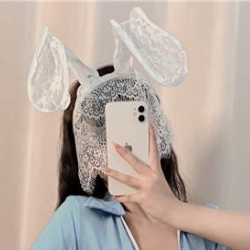 Сексуальное нижнее белье, аксессуары для фетиша на униформу, кружевная вуаль, маска для глаз, повязка на голову с заячьими ушками, большой размер, белая вуаль с заячьими ушками.