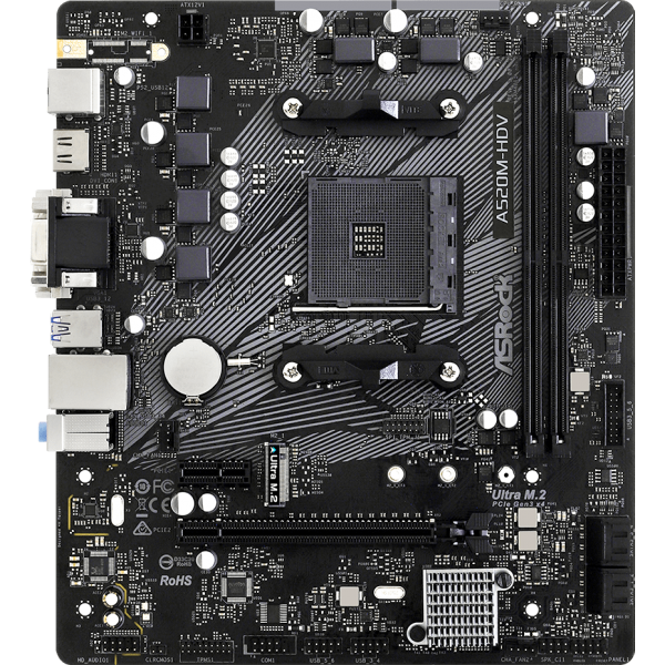 Материнская плата ASRock A520M-HDV, AMD A520, 2x1x M.2 , 1x PCI-E x16, 1x PCI-E x1, 1x D-Sub есть, 1x HDMI есть, 1x DVI есть, 1x DP нет, 1x 1Gb LAN Wi