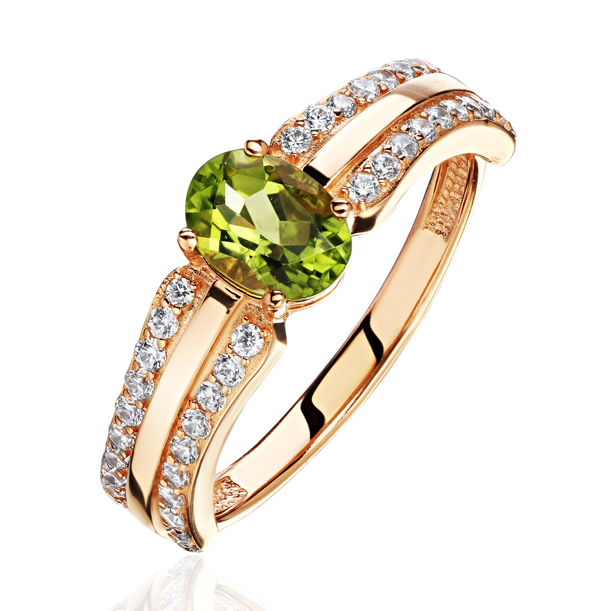 Кольцо, красное золото, 585 проба, родирование, фианит, хризолит