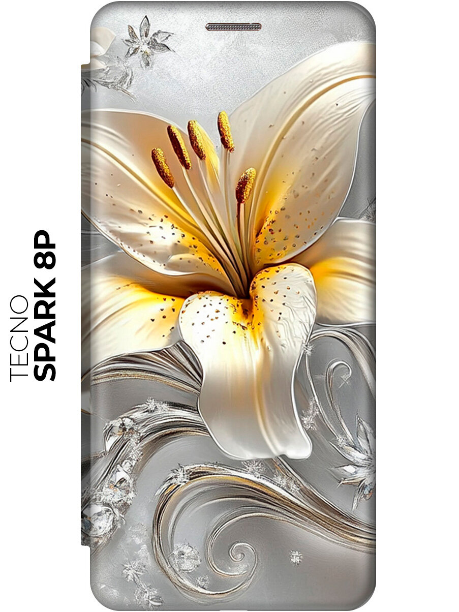 Чехол-книжка на Tecno Spark 8P с принтом "Серебристая лилия" золотой