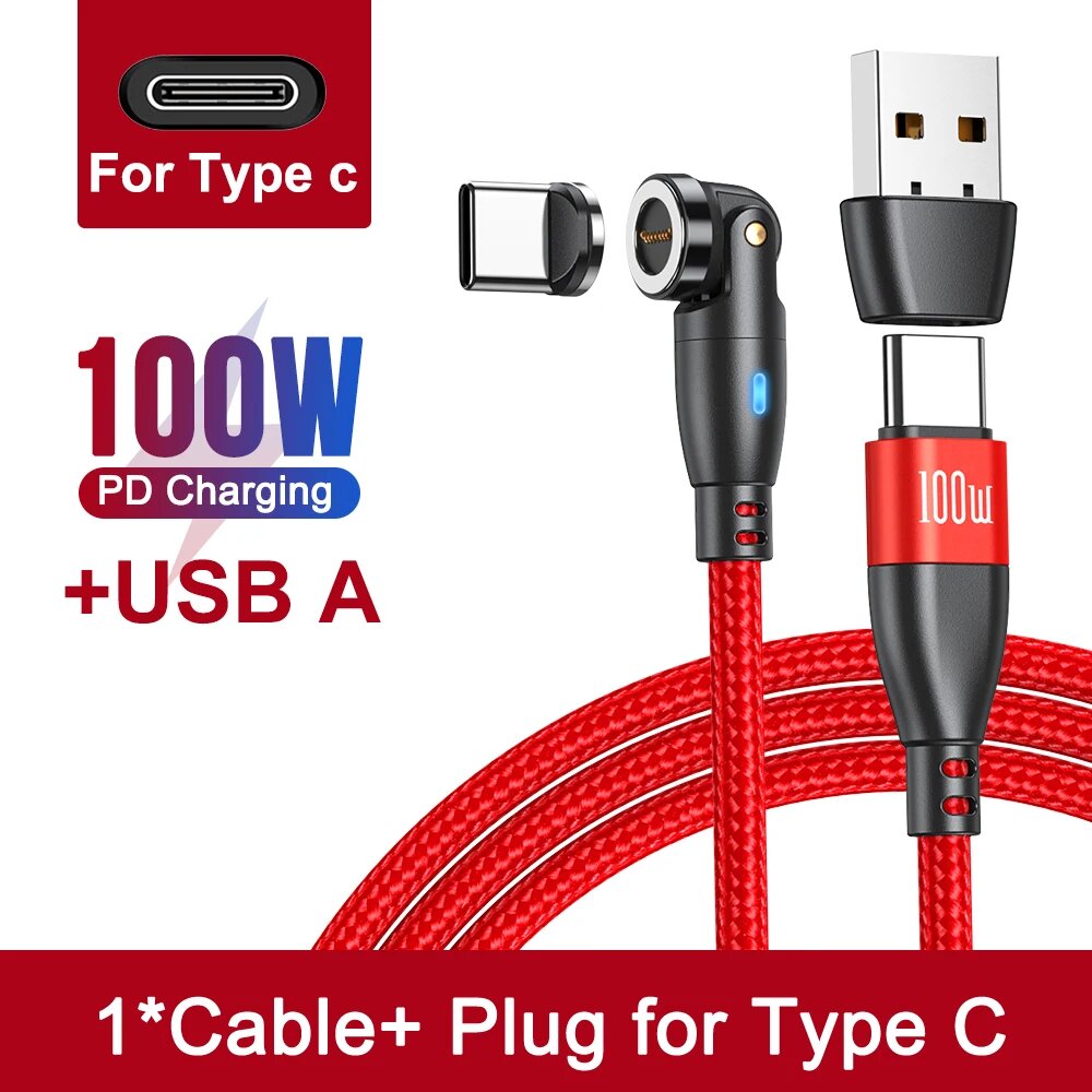 AUFU 100 Вт Магнитный кабель USB типа C 5A Кабель для быстрой зарядки Micro 1,8 м, Red for Type C