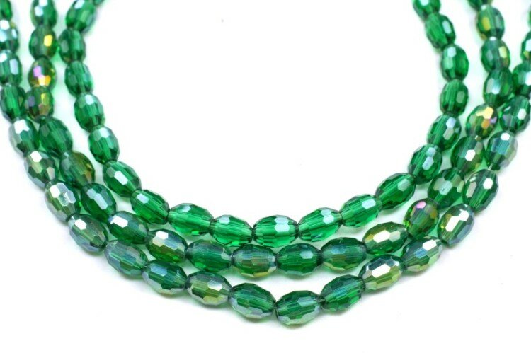 Бусина стеклянная граненая овальная 6х4мм, цвет зеленый, гальваническое покрытие, 547-019, 1 нить (около 35см, около 50шт)