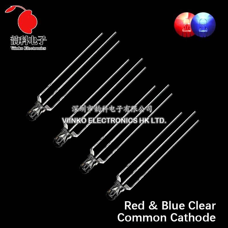 50 шт. двуцветные светодиоды 3 мм Red-Blue Clear Cathode