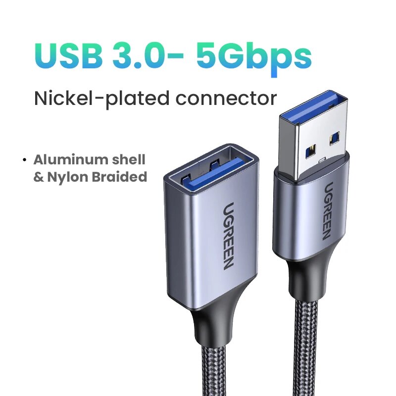 Кабель-удлинитель USB 3.0 UGREEN 1 м, 5Gbps-Metal Grey