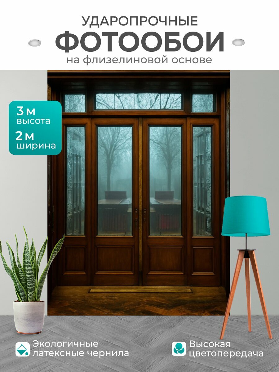 Фотообои моющиеся ударопрочные "Туман в стиле ретро: старинная библиотека со стеклянными дверями, затянутыми туманом" 200x300 см. флизелиновые на стену