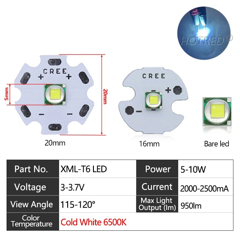 LED лампа HotRed 10W XML-T6, 6500K, 950lm