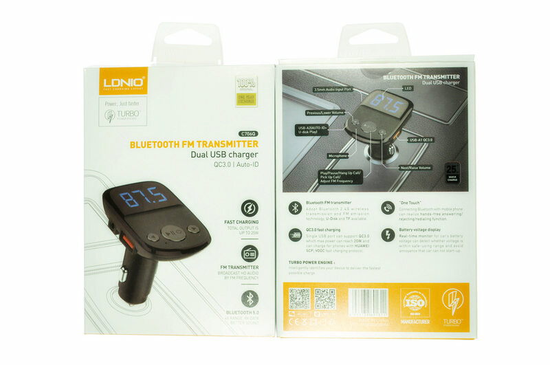 ФМ Трансмиттер с Bluetooth 5.0 и громкой связью LDNIO C706Q+Aux+Micro SD+быстрая зарядка 3.0 2USB+кабель Micro 3600 мАч 20W