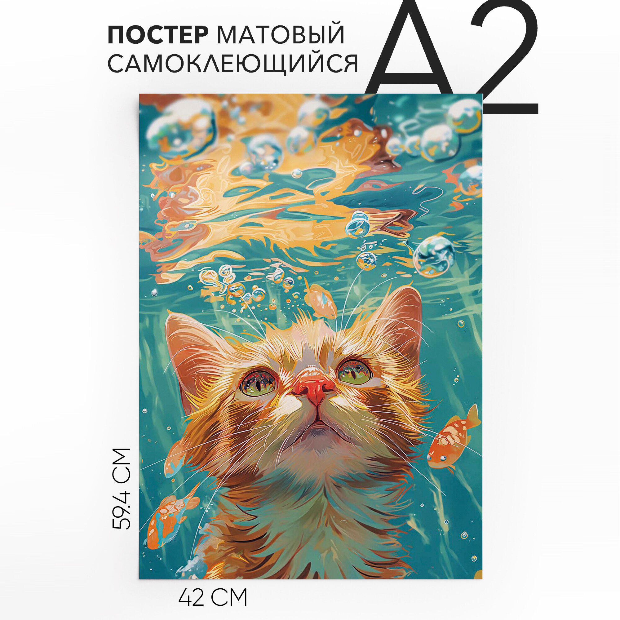 Постеры плакаты самоклеящийся, большой A2 Кот под водой, влагостойкий, для декора
