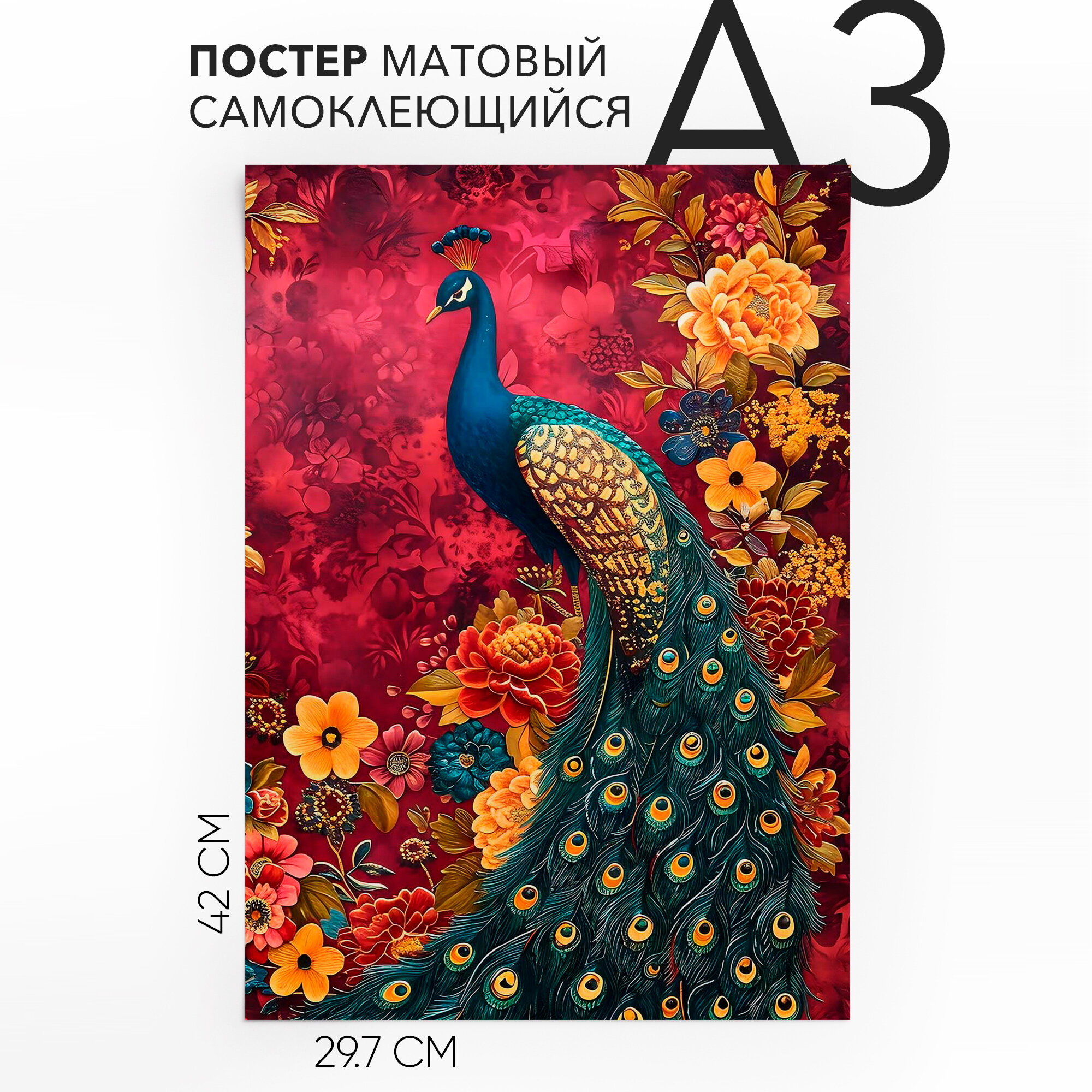 Постеры на стену самоклеящийся A3 Павлин, влагостойкий, для декора