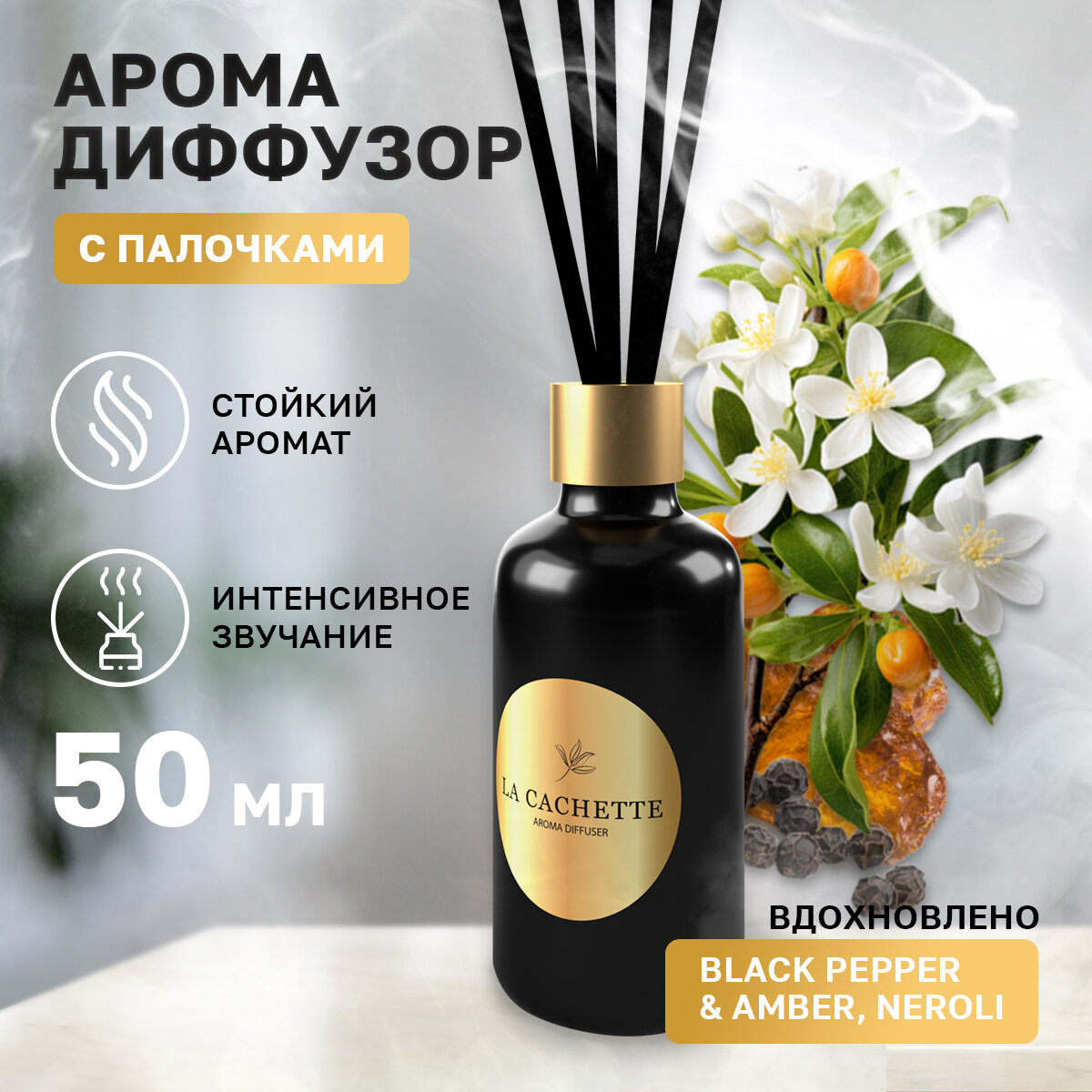 Аромадиффузор с палочками/диффузор La Cachette U318 Black Pepper & Amber, Neroli, 55 мл