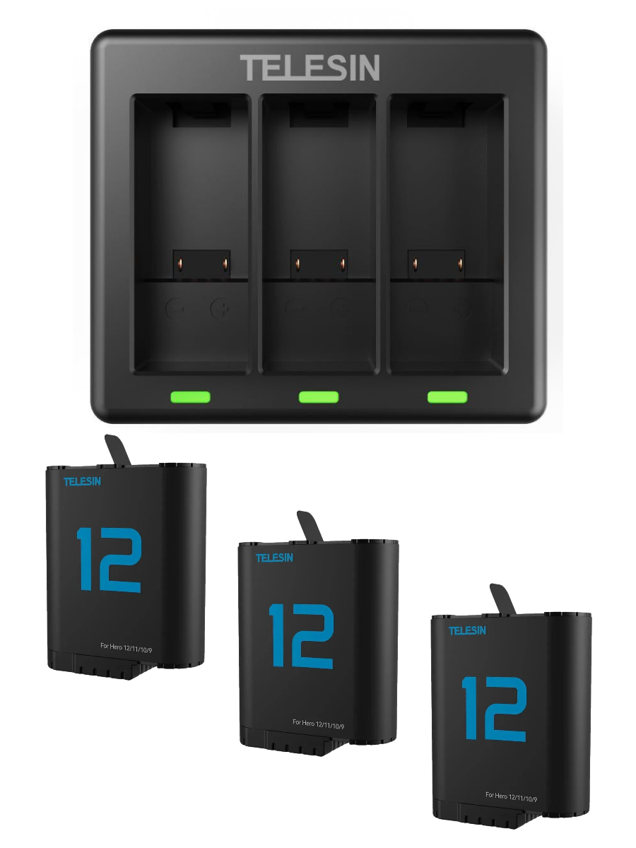 Комплект зарядного устройства тройного и 3 АКБ Telesin для GoPro Hero 12/11/10/9