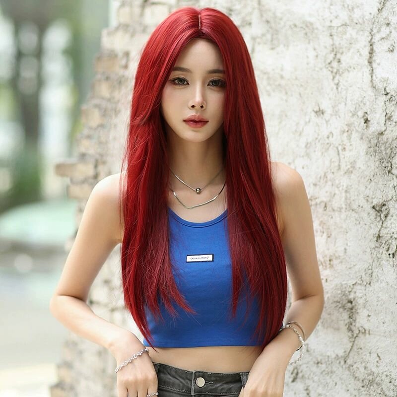 Парик с челкой розовый карнавальный, длинный из искусственных волос