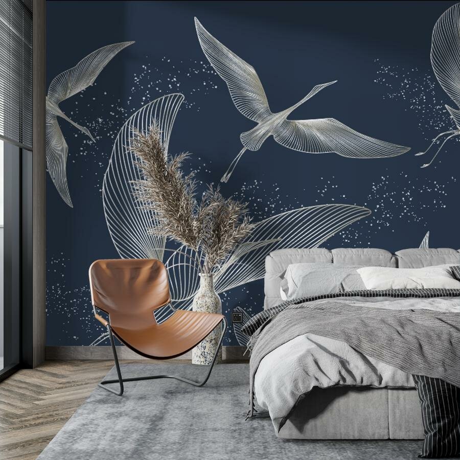 Фотообои Журавли белые на синем фоне 14-1250-S-Флок 270 x 200 см (ВхШ) Бесшовные, флизелиновые, влагостойкие обои