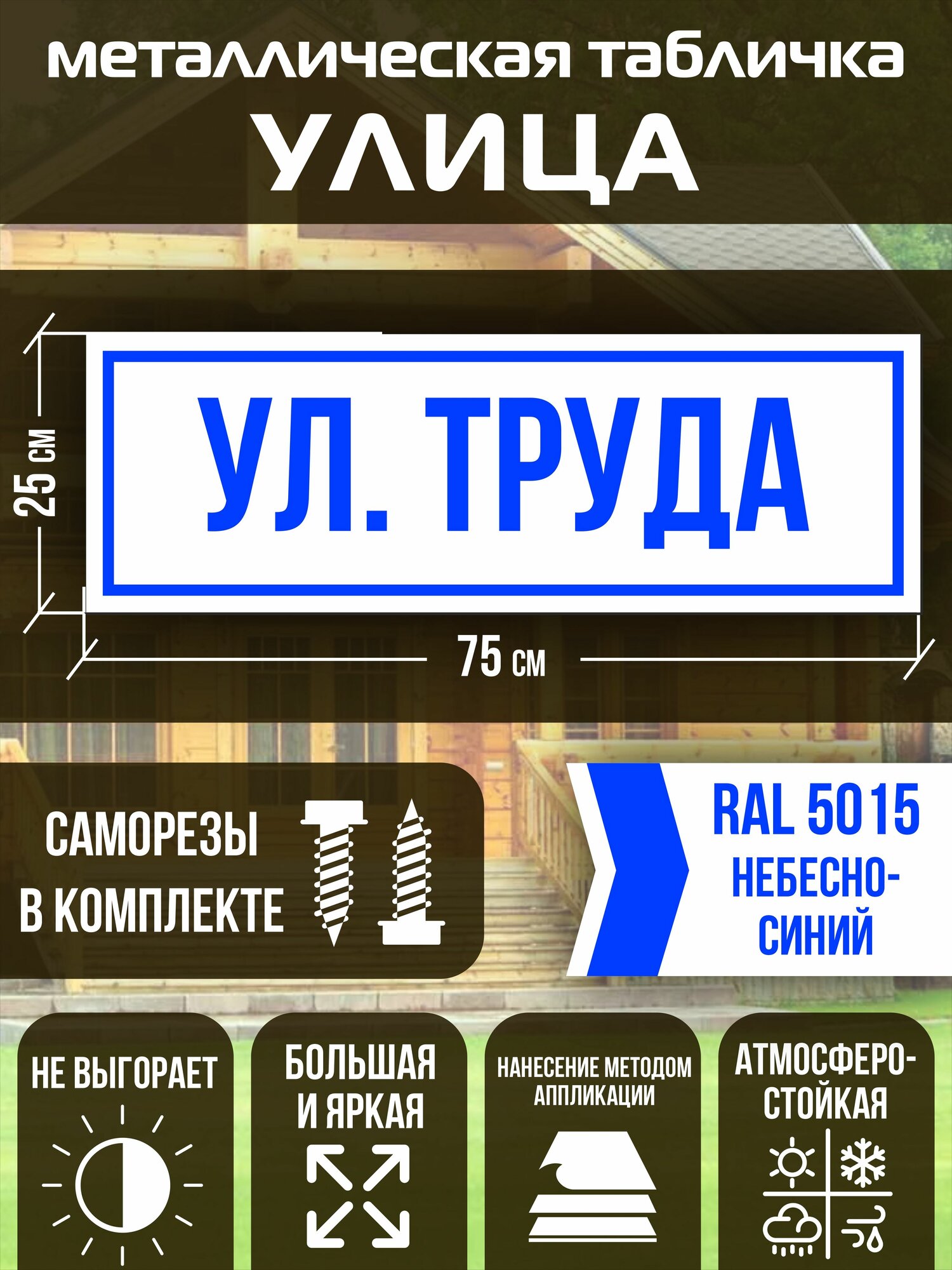 Адресная табличка на дом улица Труда RAL 5015 синяя