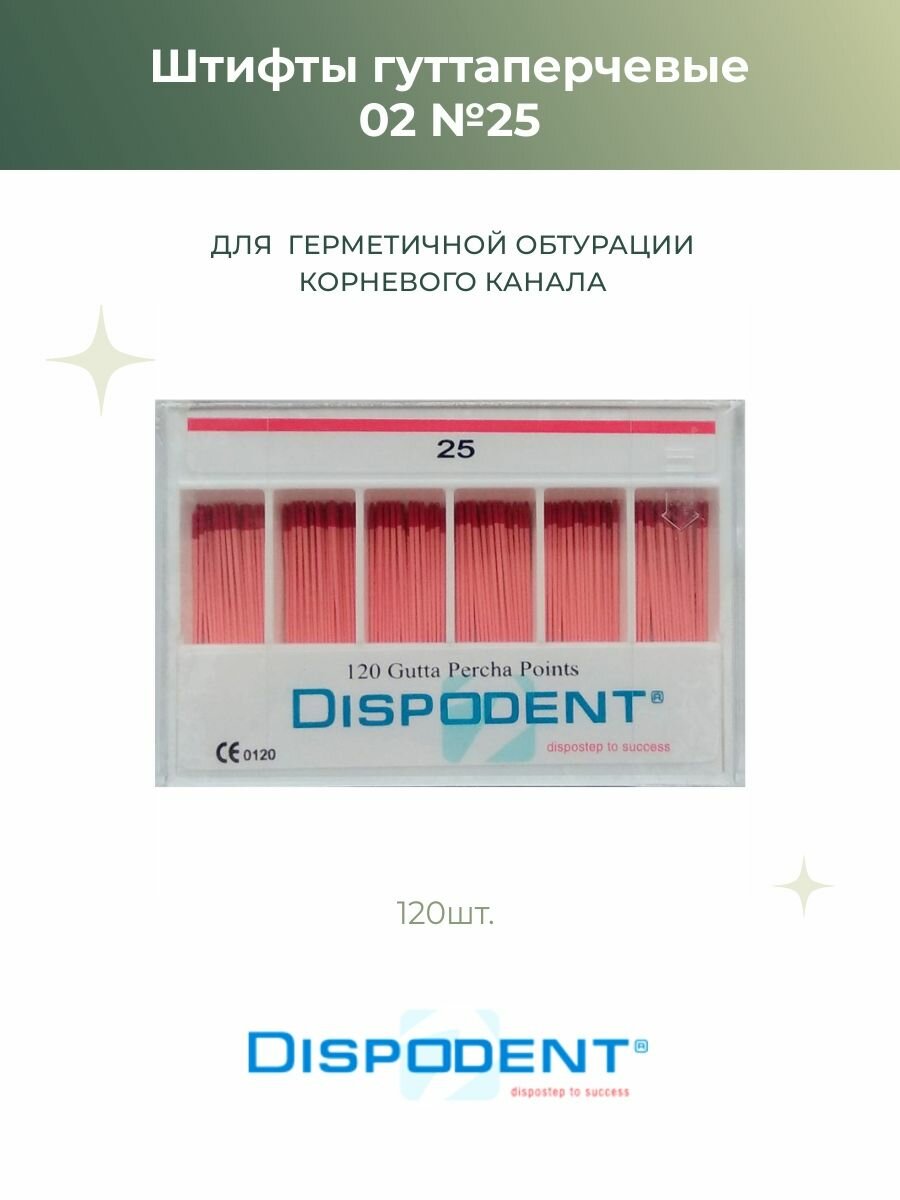 Штифты эндоканальные гуттаперчевые Dispodent 02 №25, 120шт