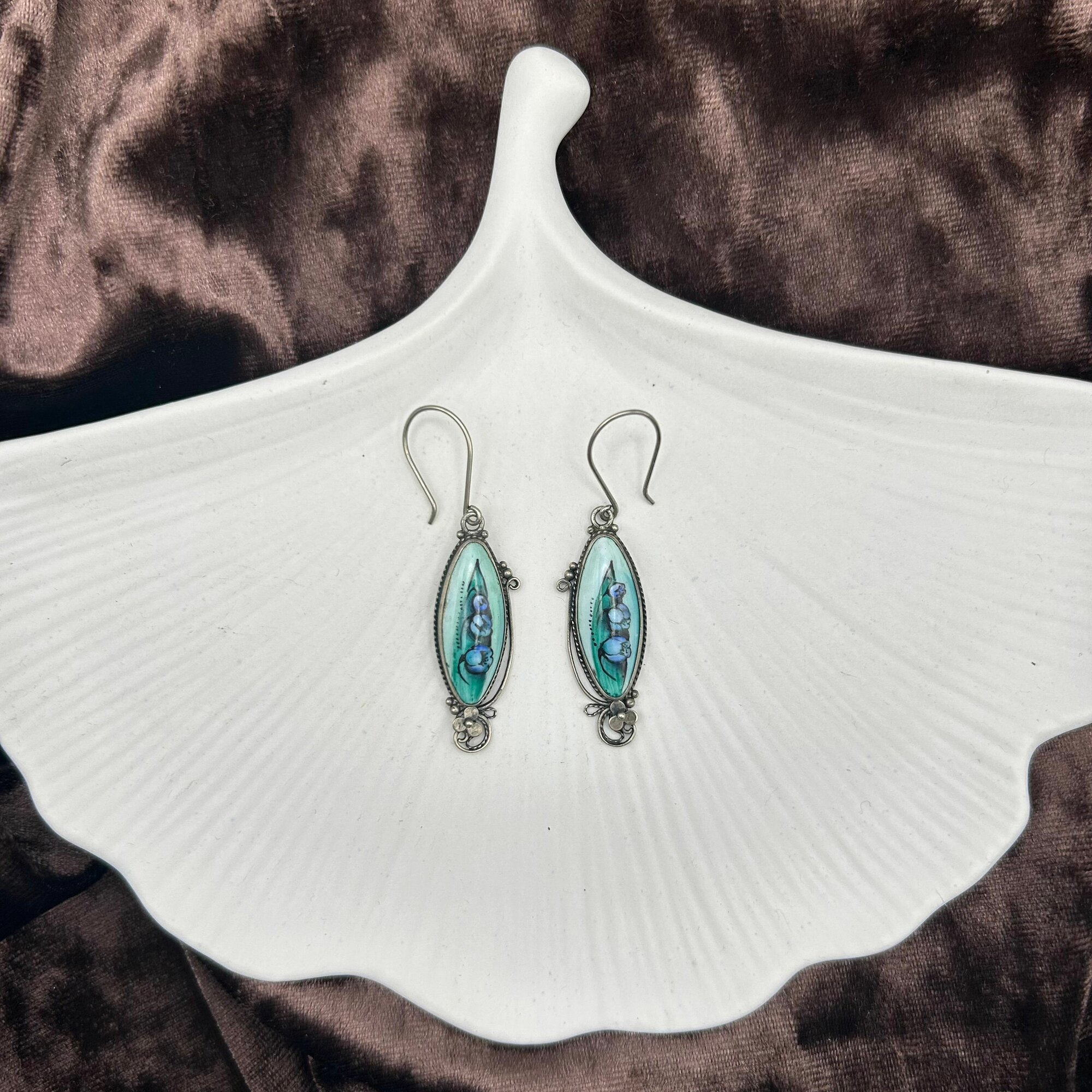 Советские винтажные мельхиоровые серьги, скань, финифть, ручная роспись