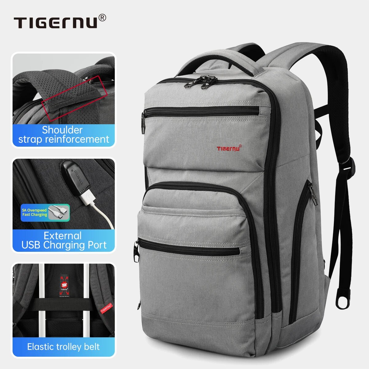 Рюкзак Tigernu для ноутбука 15,6 дюйма с USB-портом, Grey