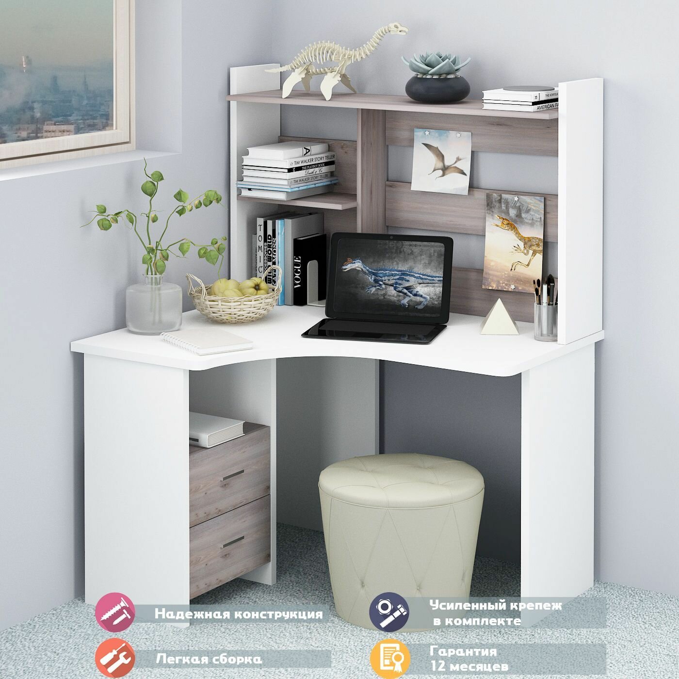 Стол Стол СКЛ-Угл120+НКЛ-120 БЕН ЛЕВ Белый/Нельсон с надстройкой