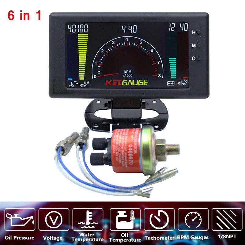 Изготовленный на заказ 6 в 1, ЖК-дисплей, автомобильный цифровой датчик давления масла, напряжение, температура воды, температура масла, тахометр, датчик об/мин 8-18 В для грузовика