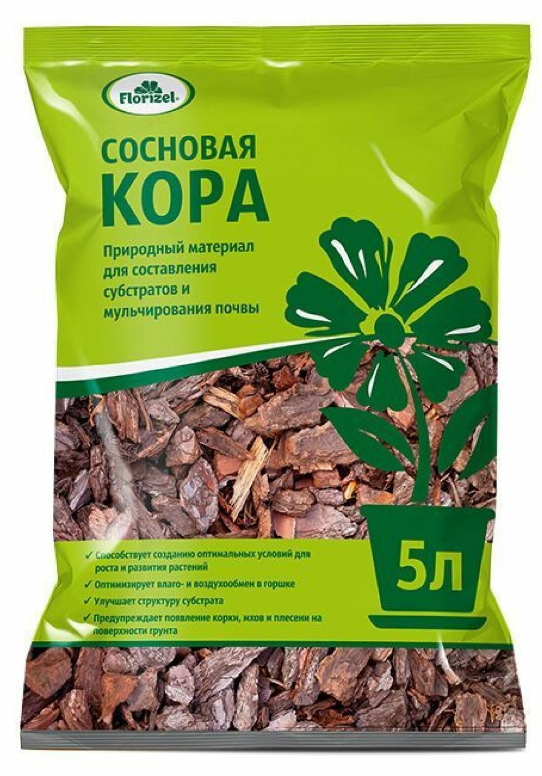 Натуральная сосновая кора 5 л, применима для мульчирования почвы и защиты от сорняков, в качестве составляющей компоста, в ландшафтном дизайне