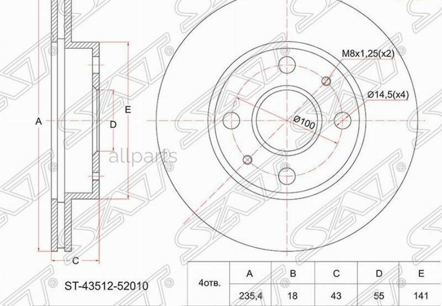 SAT ST-43512-52010 Диск тормозной (Перед) Toyota Vitz 99-05 / Echo 99-05