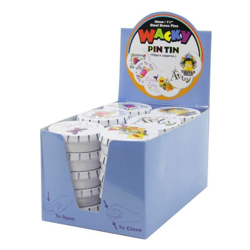 Булавки HEMLINE "Wacky Pin Tin", гвоздики, в жестяных круглых коробочках, 150х30 шт, картонный дисплей