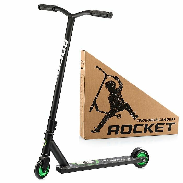Духколесный трюковой самокат Rocket, городской, колеса PU 100мм, диски алюминиевые, подшипники ABEC 7. Цвет: Черный с зеленым.