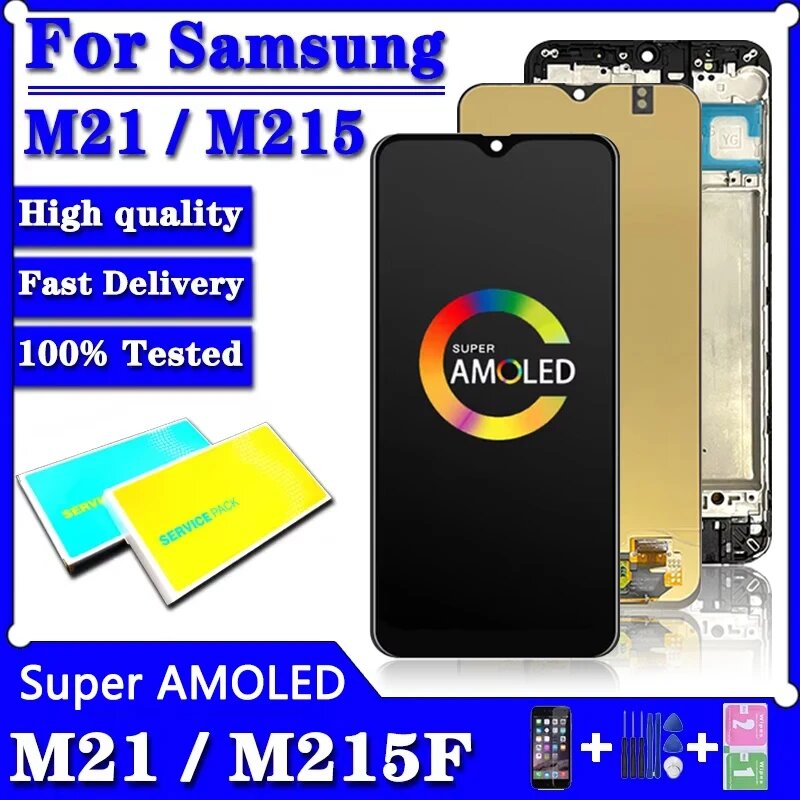 ЖК-дисплей 6,4 дюйма SUPER AMOLED 6,4 дюйма для Samsung M21, M215, M215F, ЖК-дисплей Black No Frame