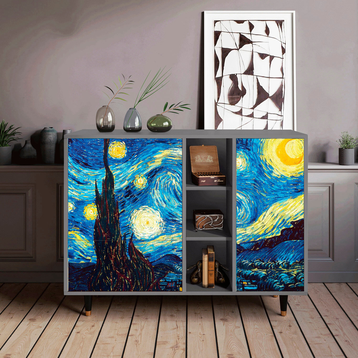 Комод - STORYZ - BS2 The Starry Night by Vincent van Gogh, Разер - 125 x 97 x 48 см , Цвет корпуса - Серый