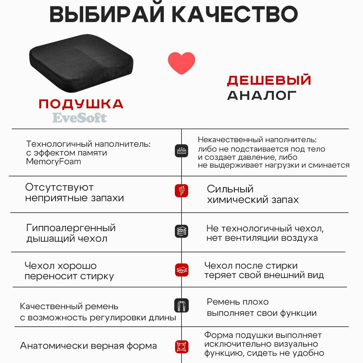 Подушка, универсальная, four seasons, бархат, пена с эффектом памяти, квадратная, черная, 40*40*6 см