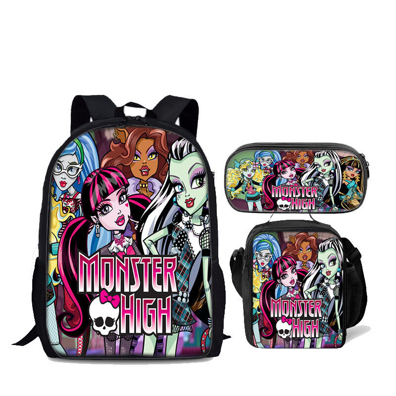 Школьная сумка Monster High с героями мультфильмов, 17-дюймовый комплект из трех предметов, набор рюкзаков большой вместимости для старшеклассников эльфа