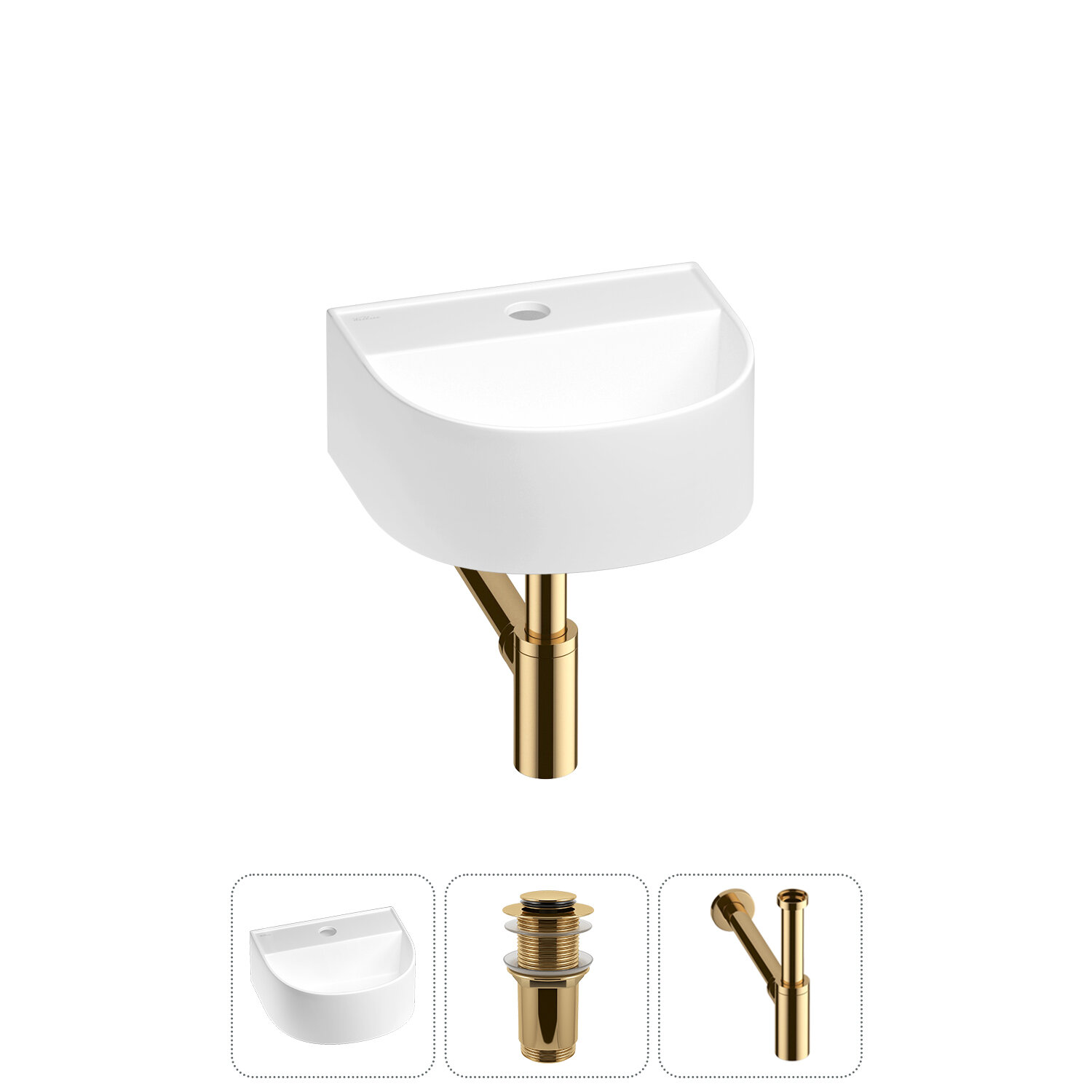 Маленькая раковина в ванную комнату или туалет Wellsee WC Area 20212115R в наборе 3 в 1: подвесная или накладная раковина 32 см в цвете белый глянец, донный клапан, сифон (цвет набора золото)