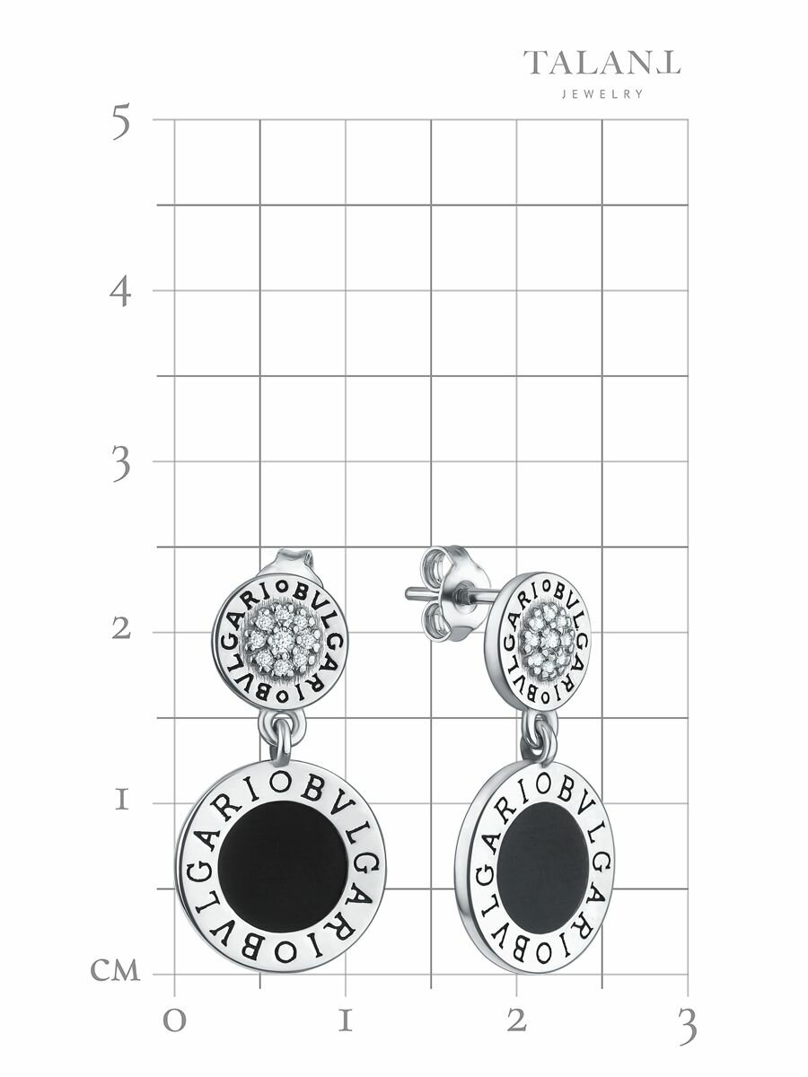Серьги пусеты TALANT, серебро, 925 проба, эмаль, фианит, , серебристый/черный — фото 1