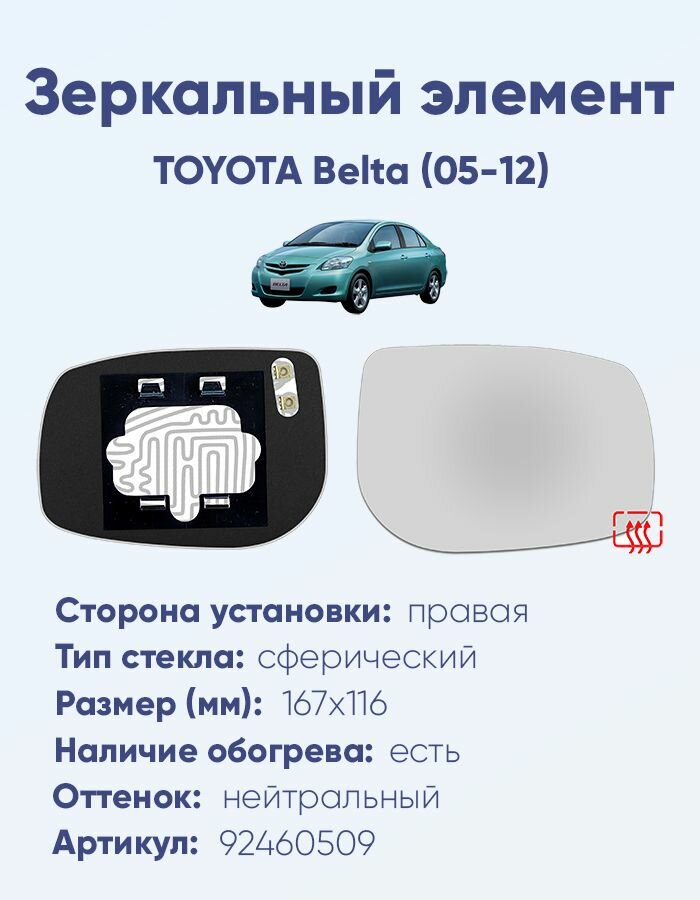 Зеркальный элемент правый TOYOTA Belta (05-12) сфера нейтральный с обогревом