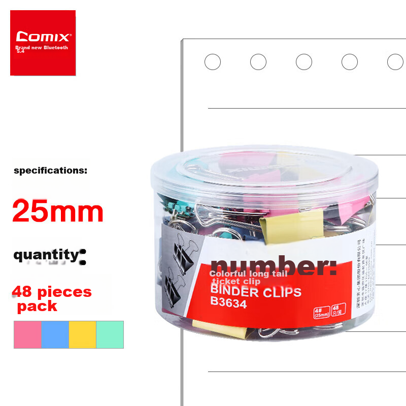 Comix Binder Clips/Barrettes/Clips, Colorful Metal Clips, 4#25mm, 48 Pieces/tube, Office Supplies, Tools, B3634